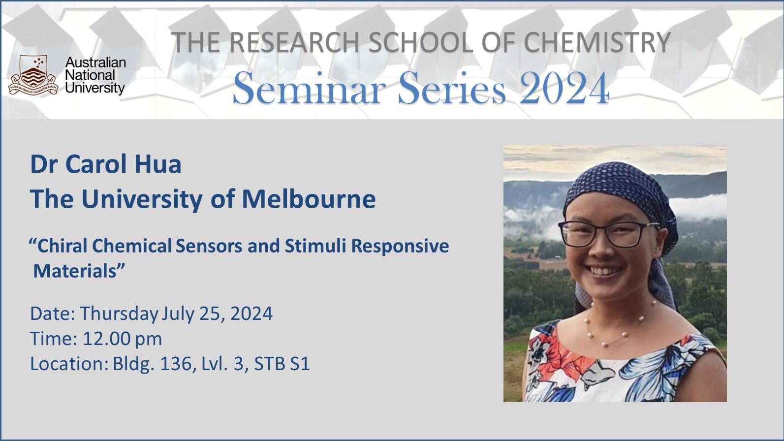 RSC School Seminar - Dr Carol Hua (The University of Melbourne) | ANU Research School of Chemistry